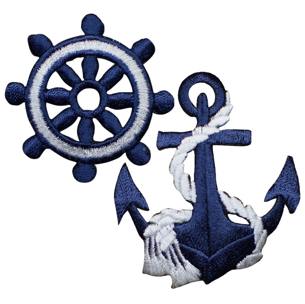 Anchor & Ship's Wheel Applique Patch Set - White/Navy Blue Badge (2-Pa ...